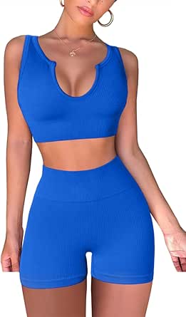 Amazon.com: QINSEN Seamless Workout Sets for Women Ribbed Sport Bra High Waist Running Shorts ...