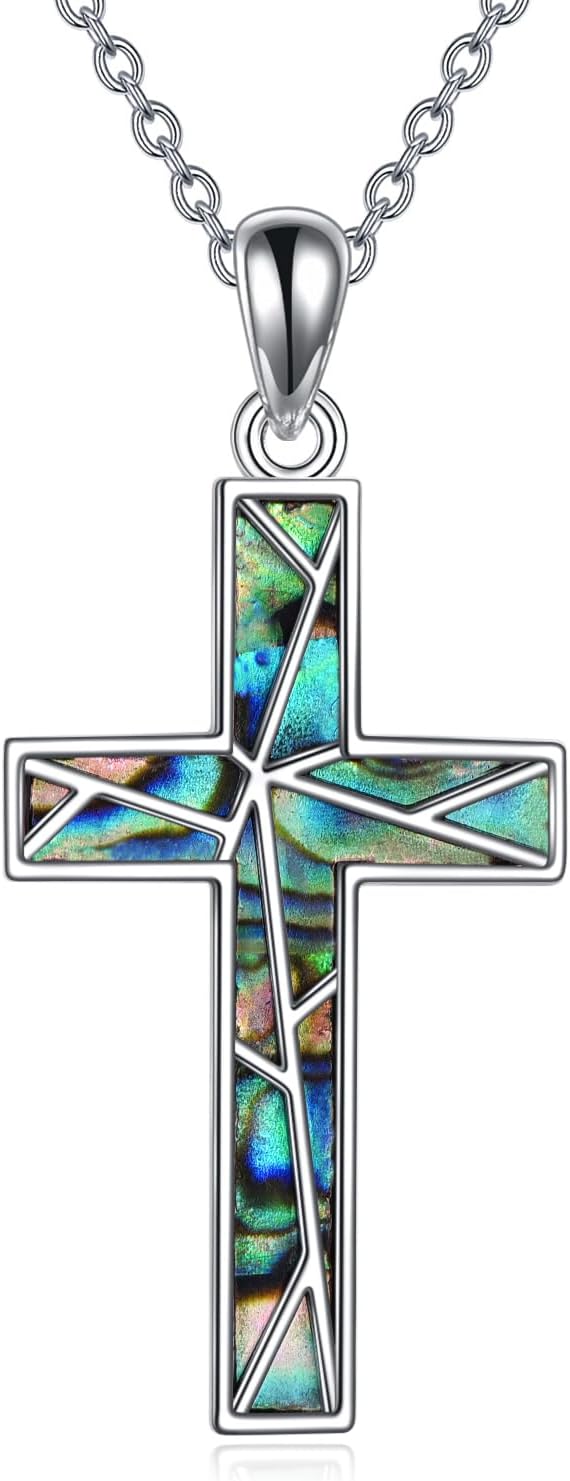 YAFEINI Religious Cross Pendant Necklace Sterling Silver Abalone Shell ...