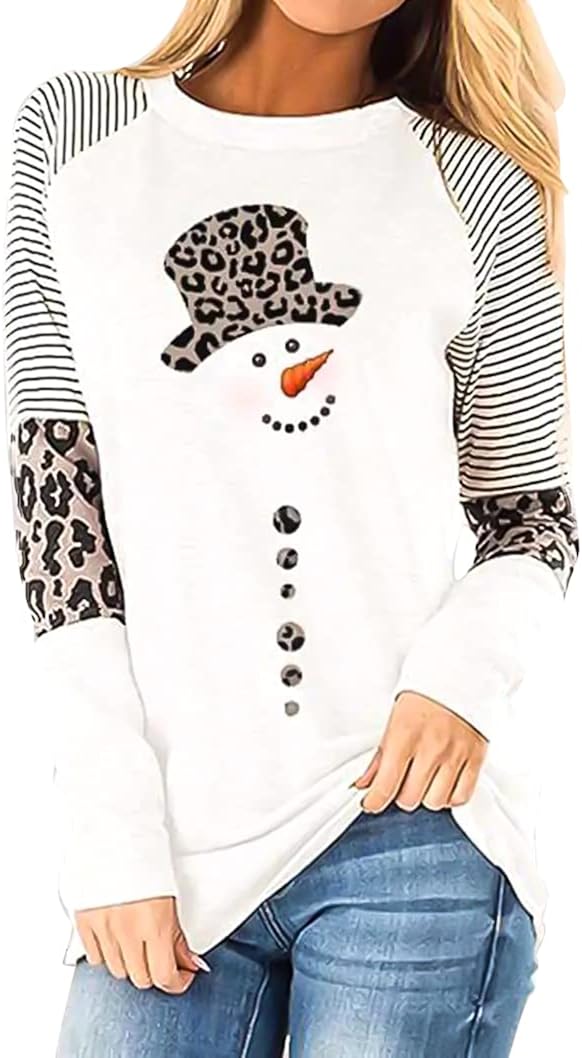 Amazon.com: Womens Leopard Print Tops Snowman Graphic T Shirt Christmas ...