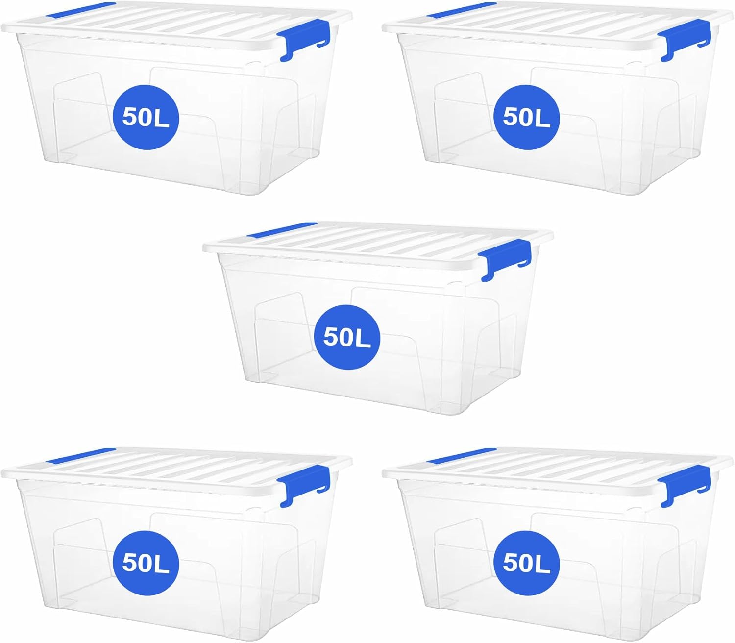 RelianceUK 5 X 50L Plastic Storage Boxes with Clip Lock Lid - Heavy ...