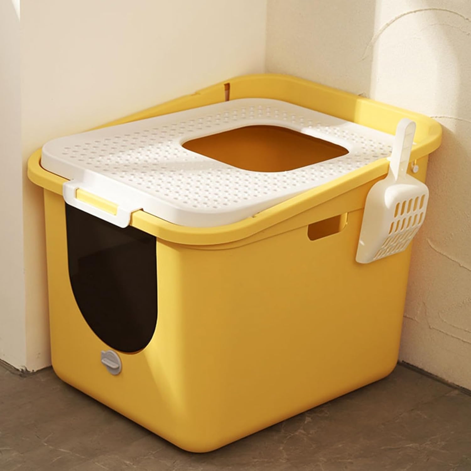 Amazon | 猫用トイレ本体 大型 フルカバー 猫トイレ 黄色 2way出入り方法 ふた付き 大きいサイズ ゆったり おしゃれ 猫砂が ...