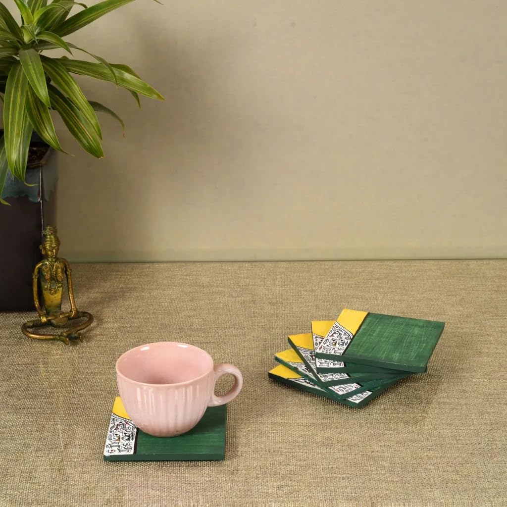 dudki (Set of 6) Warli Blues Hand Painted Wooden Coaster|Heat Resistant ...
