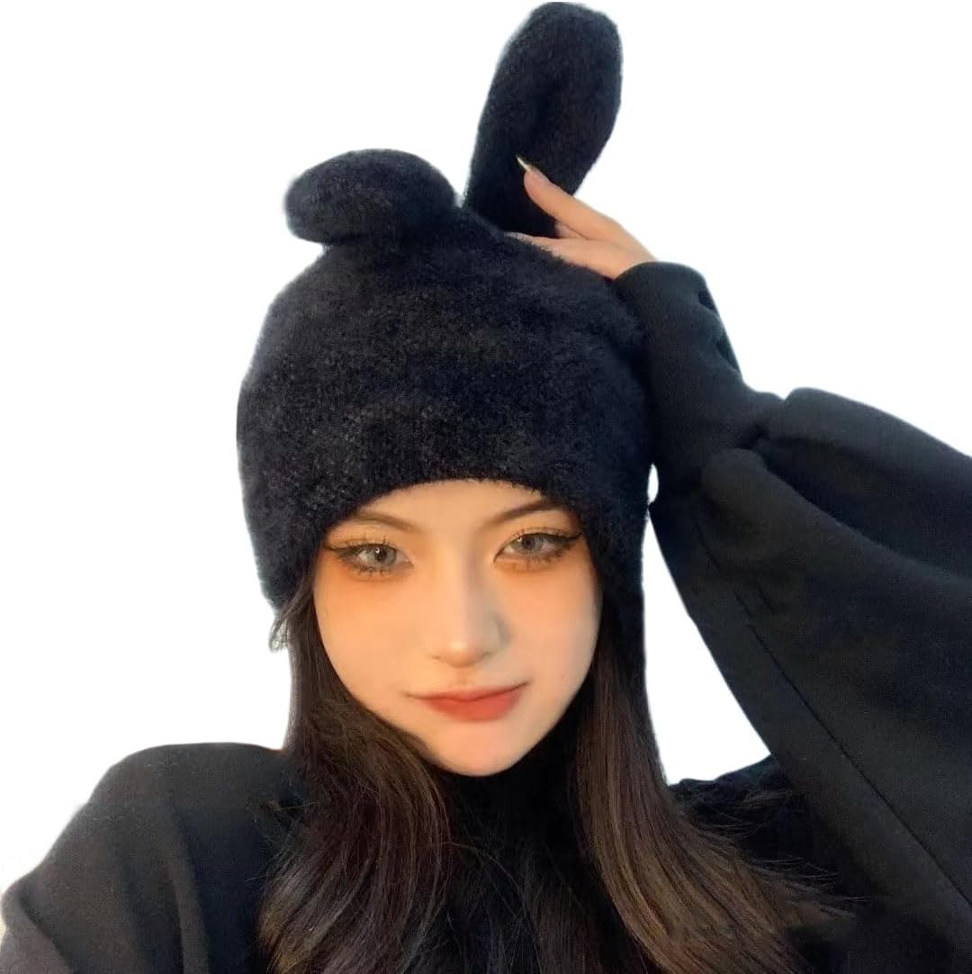 Women Cute Bunny Beanie Hats Warm Adorable Bunny Ears Plush Knit Beanie ...