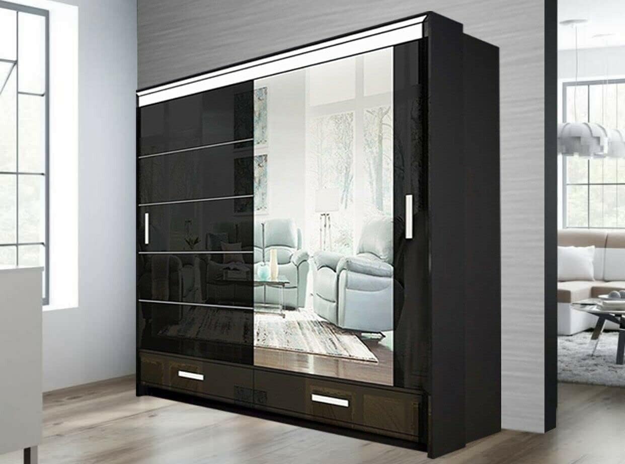 LED Light Florence Sliding Wardrobe High Gloss Mirror Door White Black ...