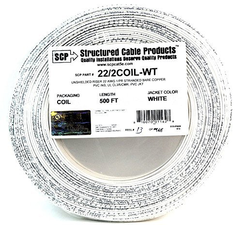 50' ft 22 Gauge 2 Conductor Stranded Security Alarm Wire Cable White ...