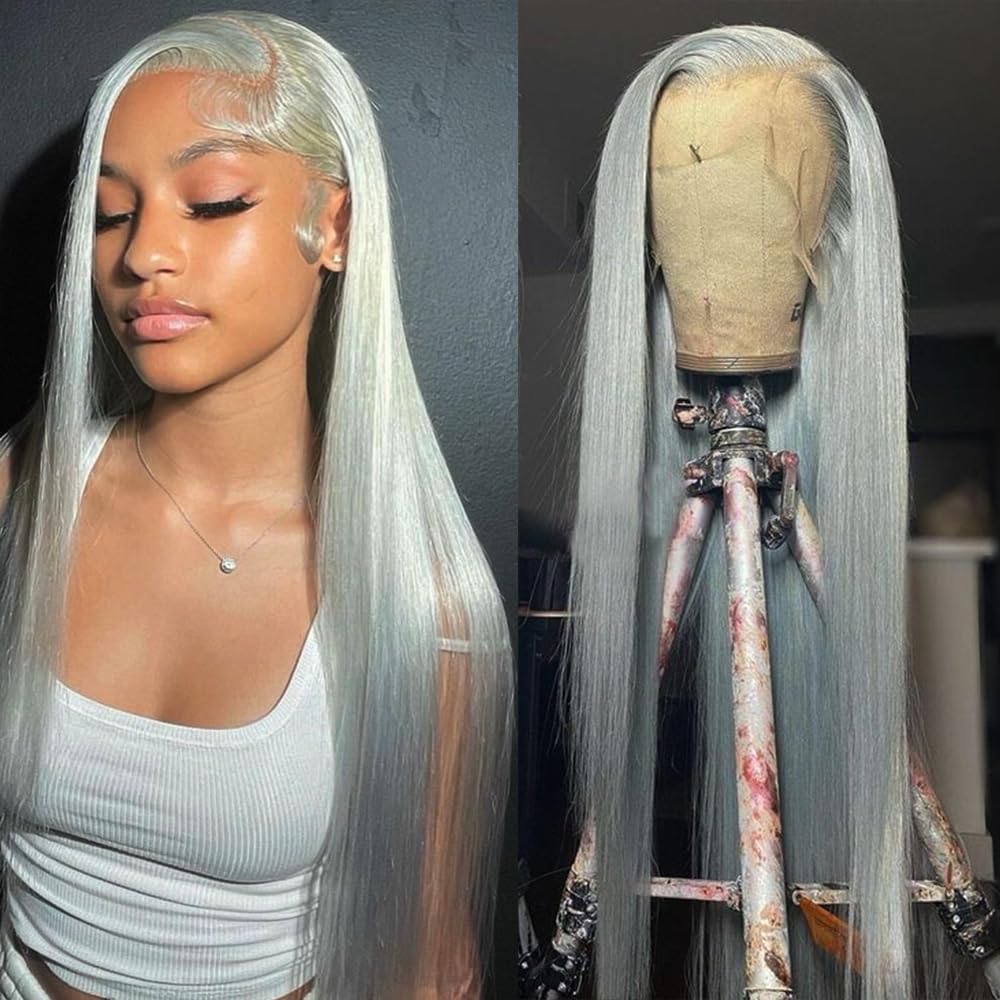 Amazon.com : Heberac Long Gray Straight Lace Front Wigs Glueless Pre ...