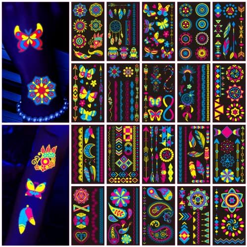 Amazon.com : 160 PCS Glow in The Dark Temporary Tattoos - Neon UV ...