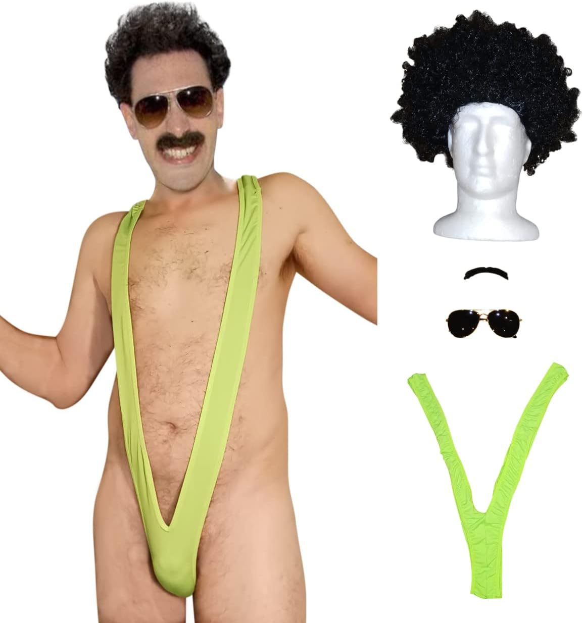 Borat Green Thong Costume Mankini with Hair Piece - Mustache - Glasses Included : Amazon.ca ...
