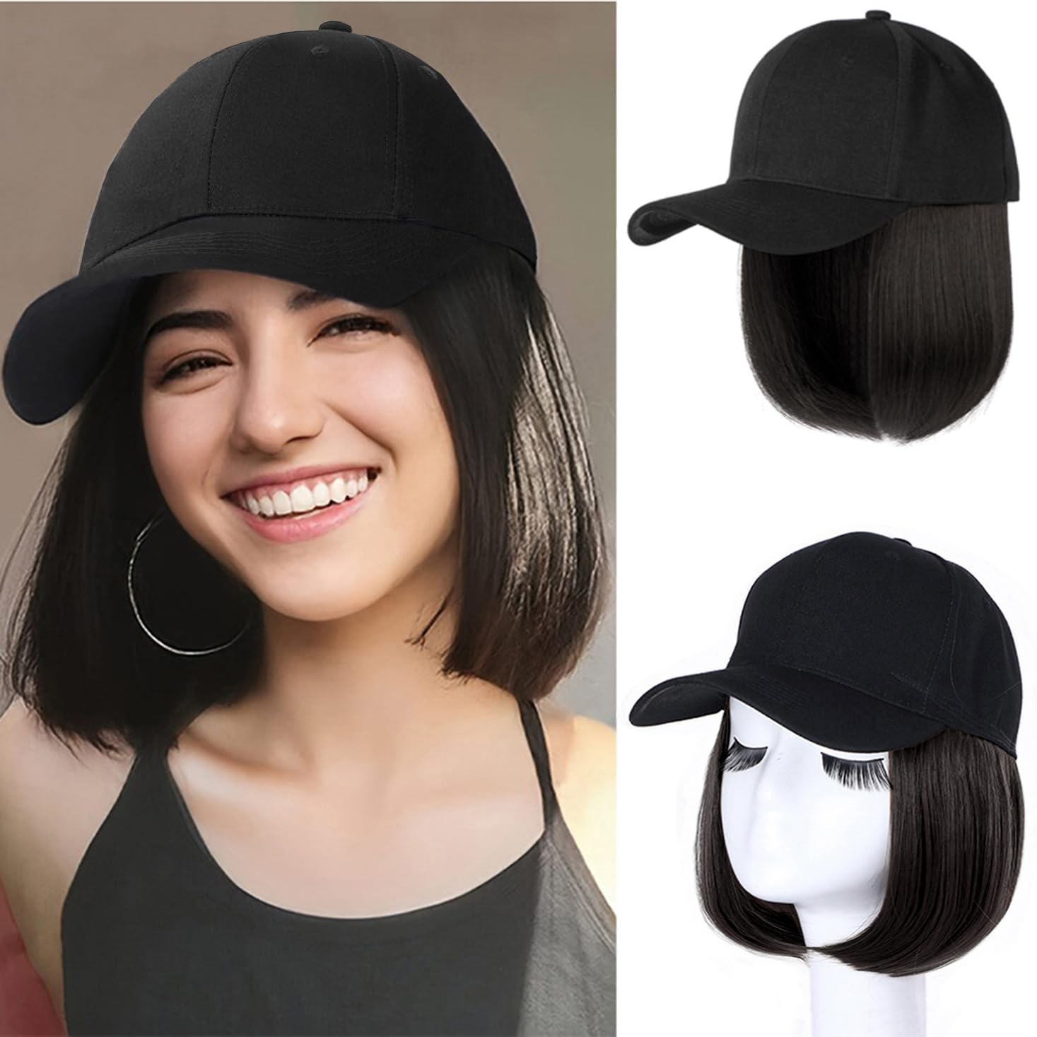 Amazon.com : 10" Black Baseball Cap with Hair Extensions Short Bob ...