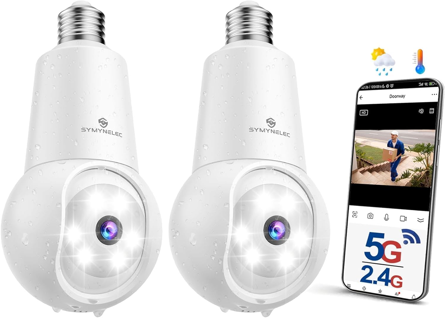 SYMYNELEC 2K 5GHz/2.4GHz Light Bulb Security Camera Outdoor 2PCS, Dual ...