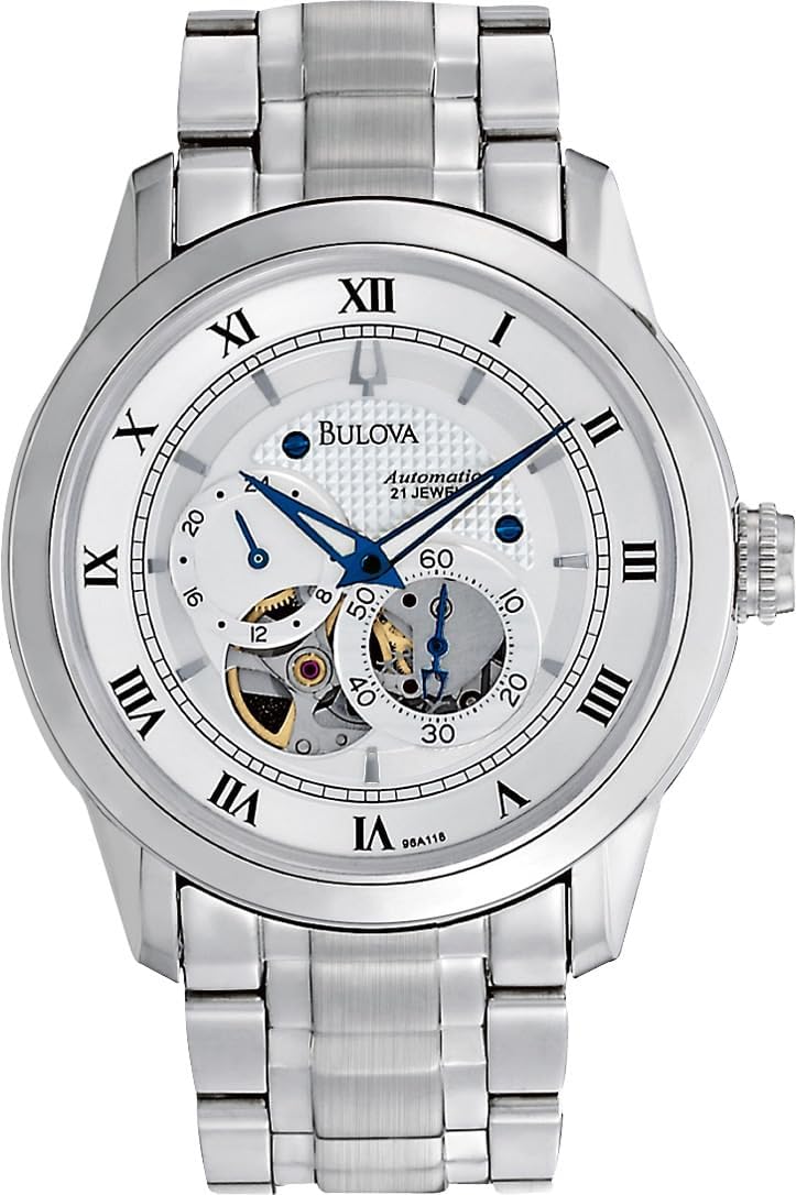 Bulova Men's Designer Automatic Self Winding Watch Stainless Steel Bracelet - White Dial Blue ...