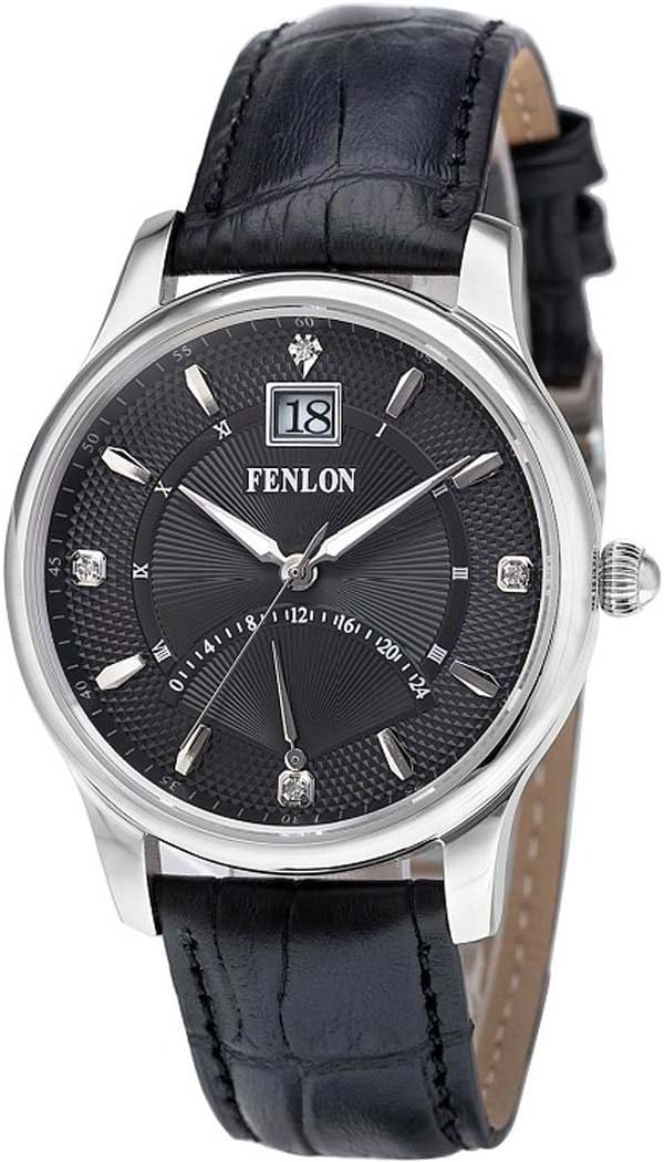 Fenlon Black Dial Black Leather Strap Silver Quartz Chronograph Wrist ...