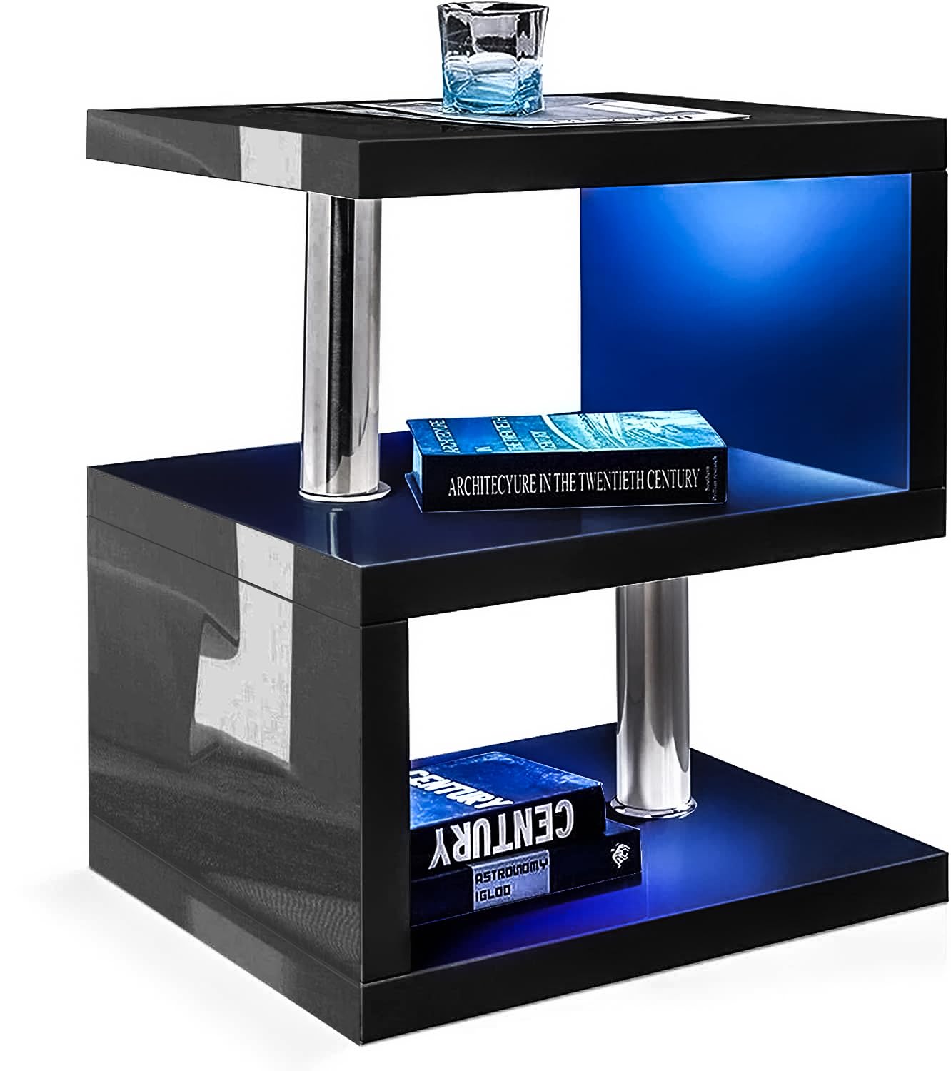 High Gloss Side Table with RGB LED Lights 2 Tier Shelf Bedside Table ...