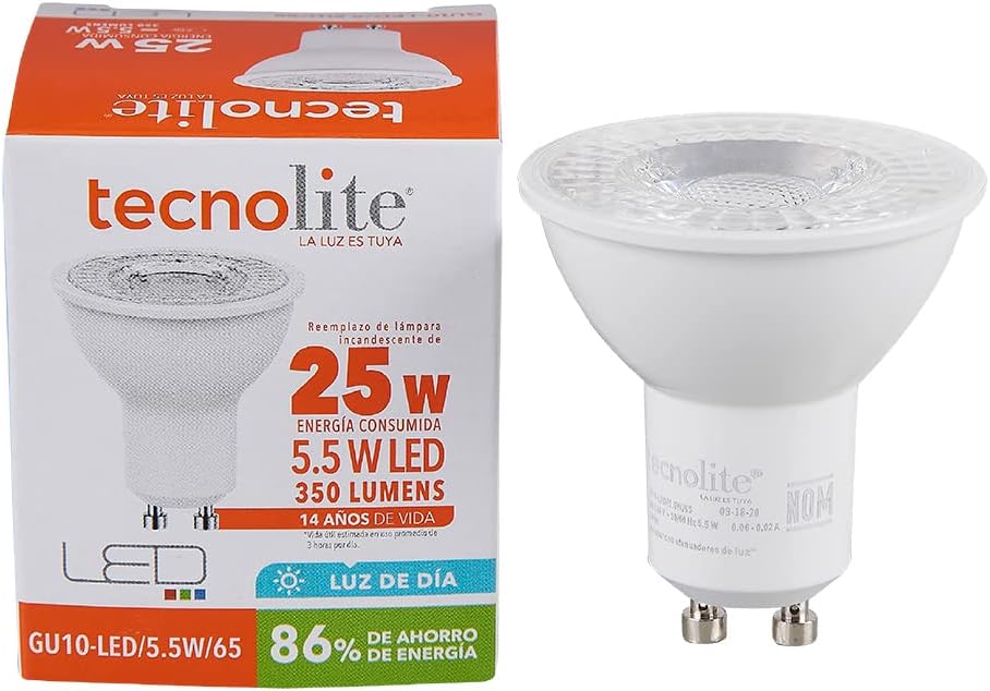 Tecnolite - Foco GU10 Tecnología LED 5.5 Watts, Luz de Día, No ...