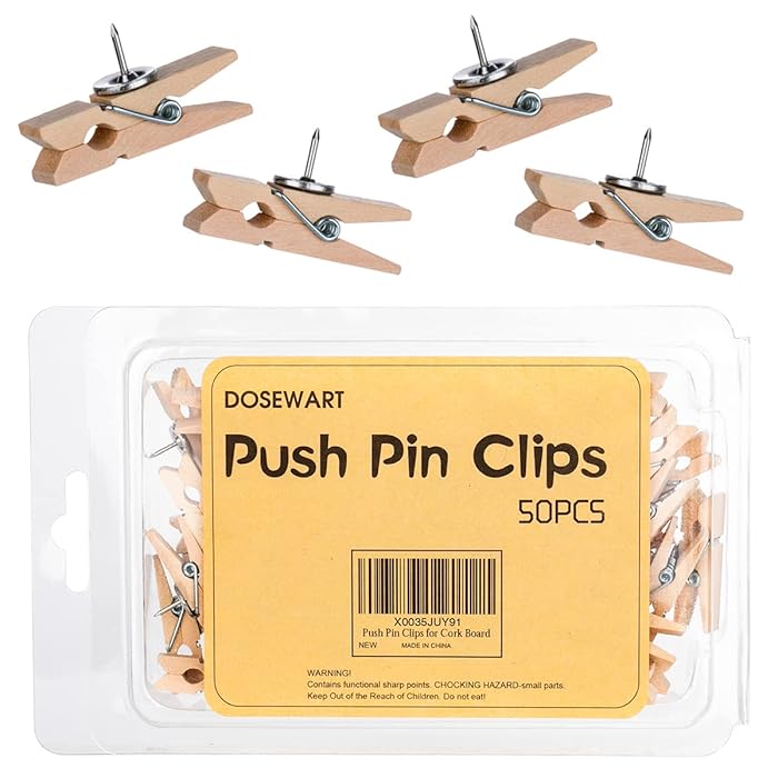 Buy Push Pin Clips for Cork Board, 50 Pcs Wooden Paper Clips with Push ...