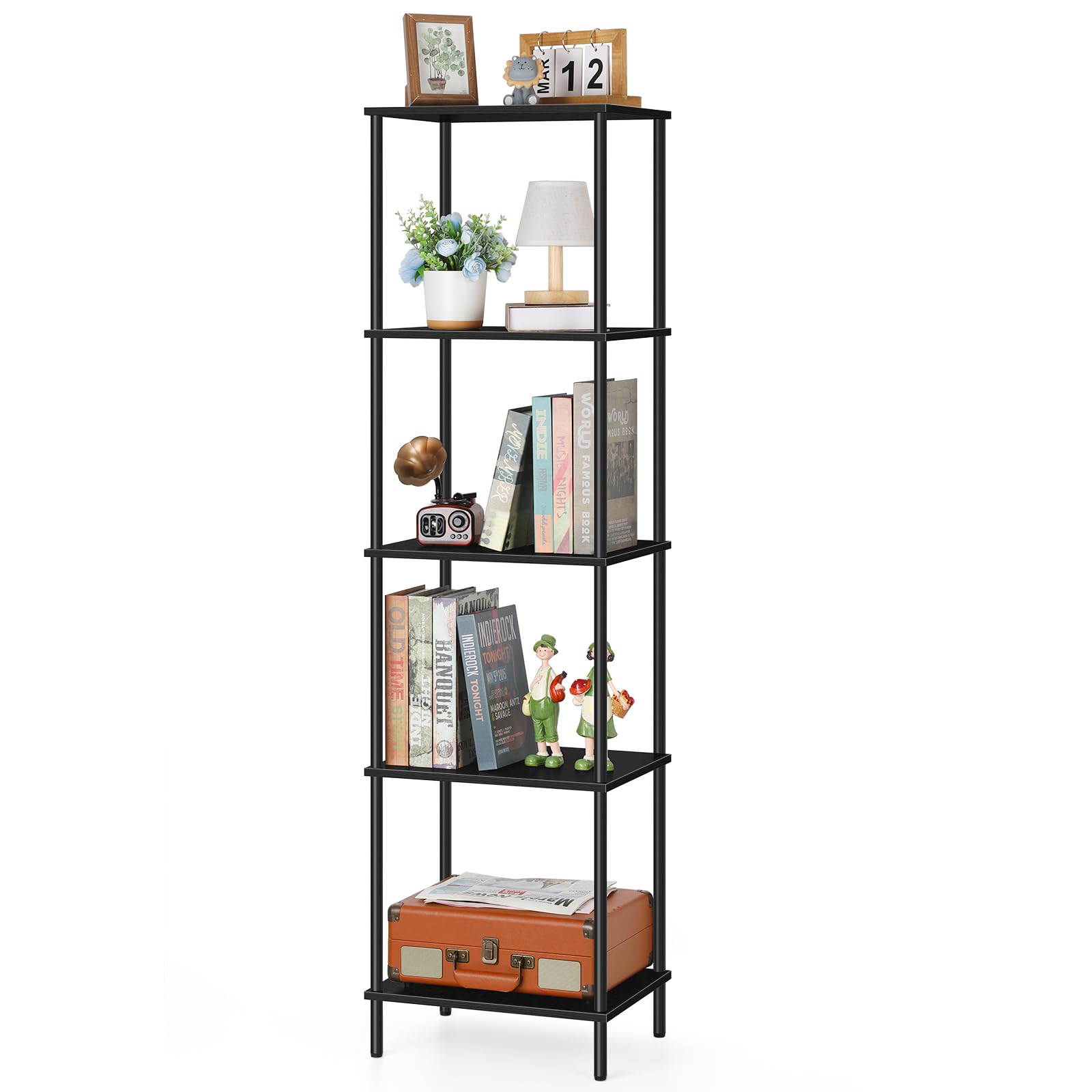 5 Tier Tall End Side Table 58.6" Height Black Corner Book Shelf with ...