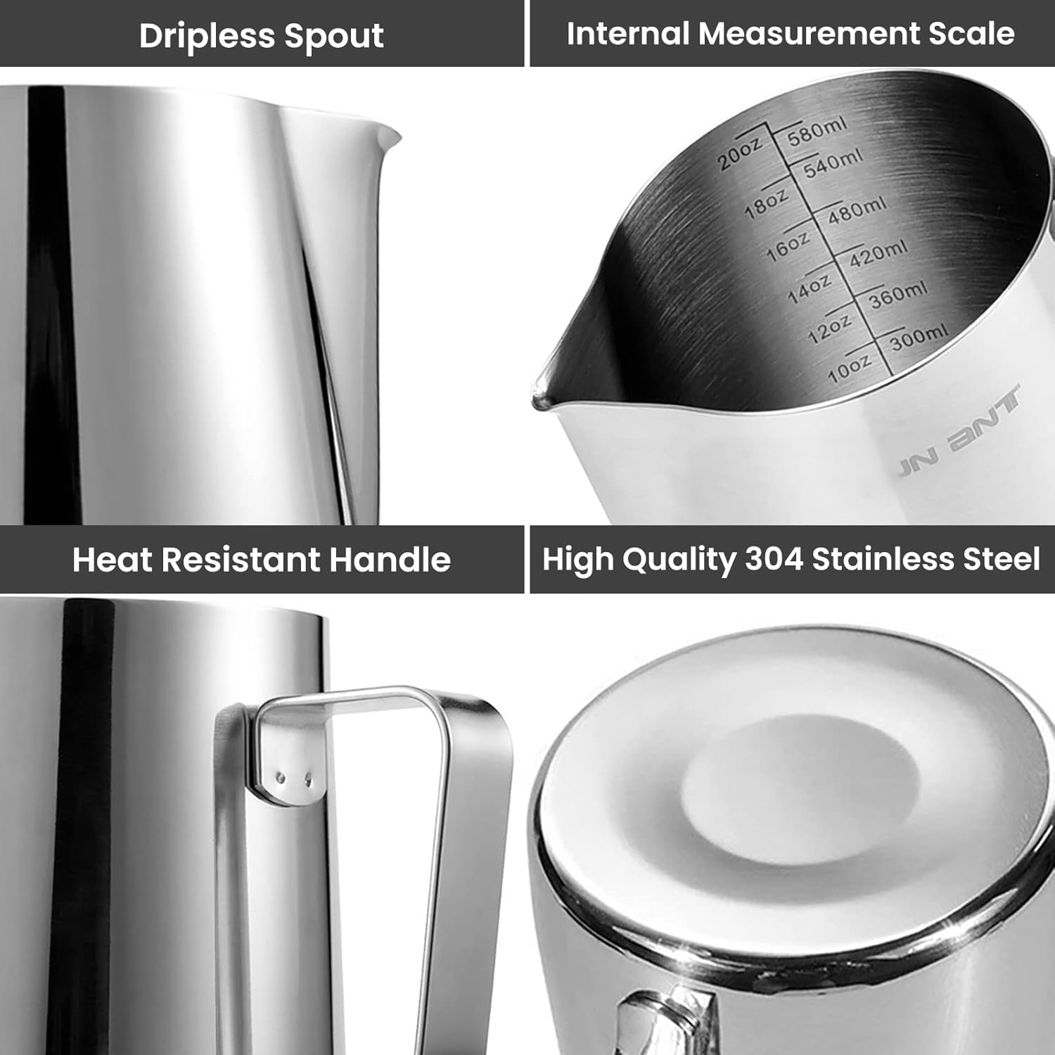 600ml/20 Oz milk frothing pitcher with Integrated Thermometer, 304 Stainless Steel milk frother ...