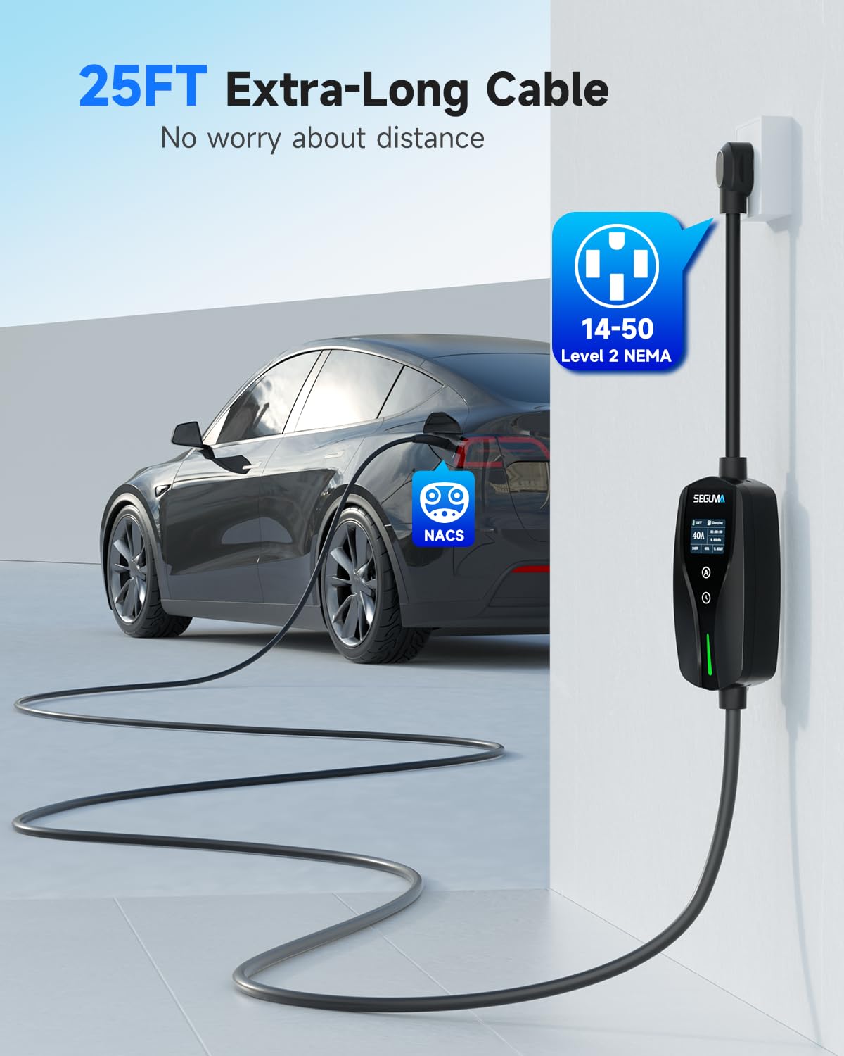 Tesla Charger Extension Cord Level 2 EV Charger For Tesla - 40Amp NACS ...