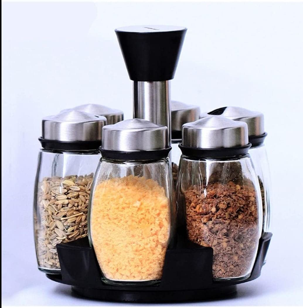 6 Jar Revolving Herb and Spice Rack Organizer Storage Stand Glass ...
