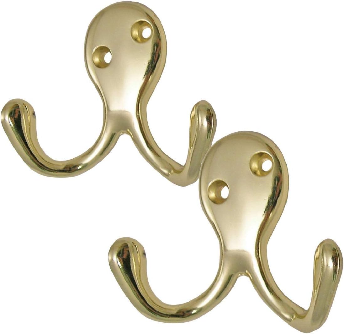 2 Pack of Brass Double Coat Hooks Door & Wall Robe Dress Garment ...