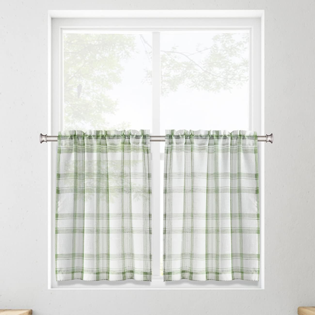 Amazon.com: Kotile Buffalo Plaid Kitchen Sheer Curtains - Faux Linen ...