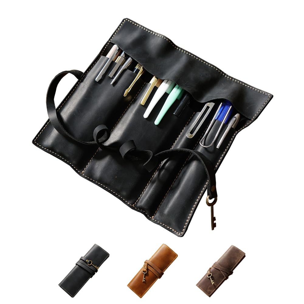 Amazon.com: MIVLXLX Genuine Leather Pencil Roll - Pen and Pencil Case，3 ...