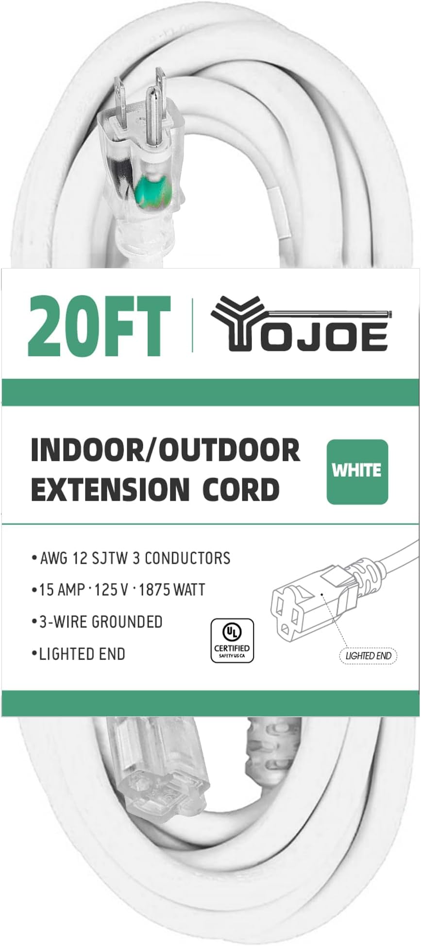Amazon.com: YOJOE 20 Foot White Extension Cord, Lighted Outdoor 12/3 ...