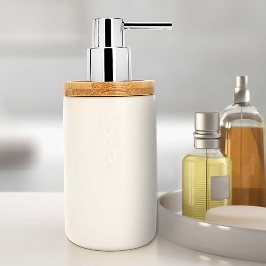 Anko 320 mL Bamboo & White Liquid Soap Dispenser for Bathroom | Ceramic ...