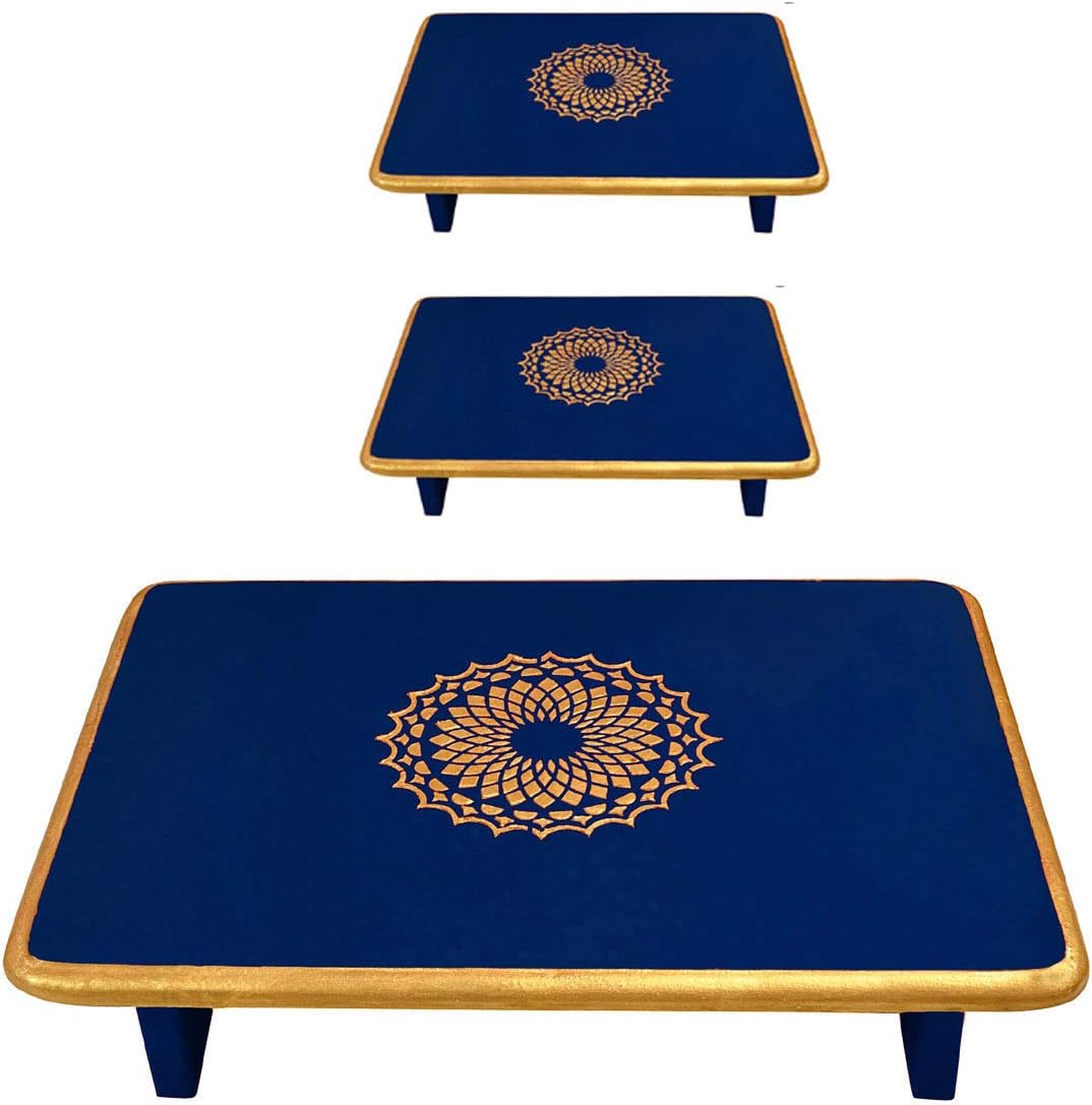 Amazon.com: Lalhaveli Decorative Blue Wooden Puja Chowki Stool for ...