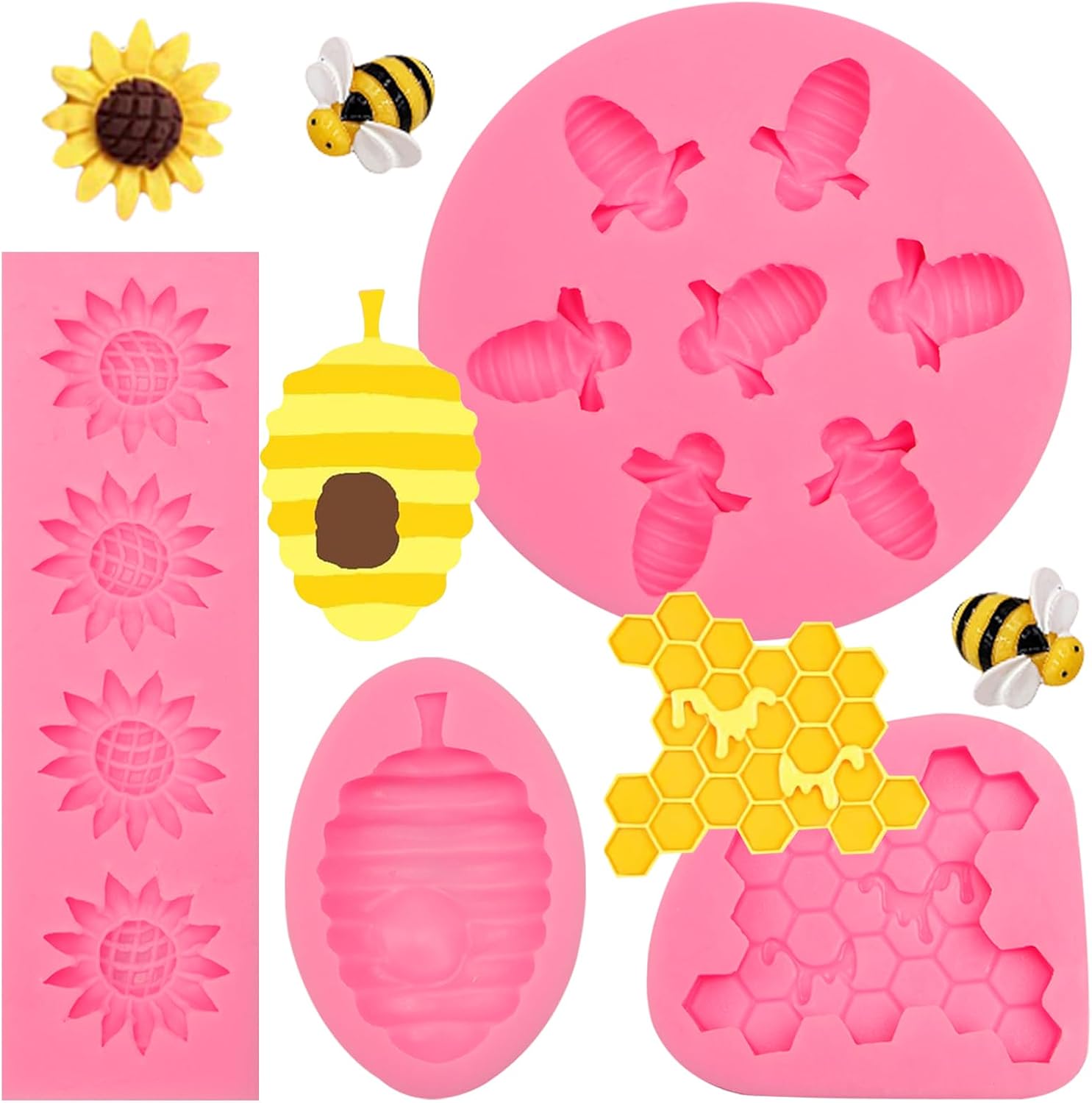 4 Pcs Bumble Bee Silicone Mold Honeycomb Sunflower Fondant Molds ...