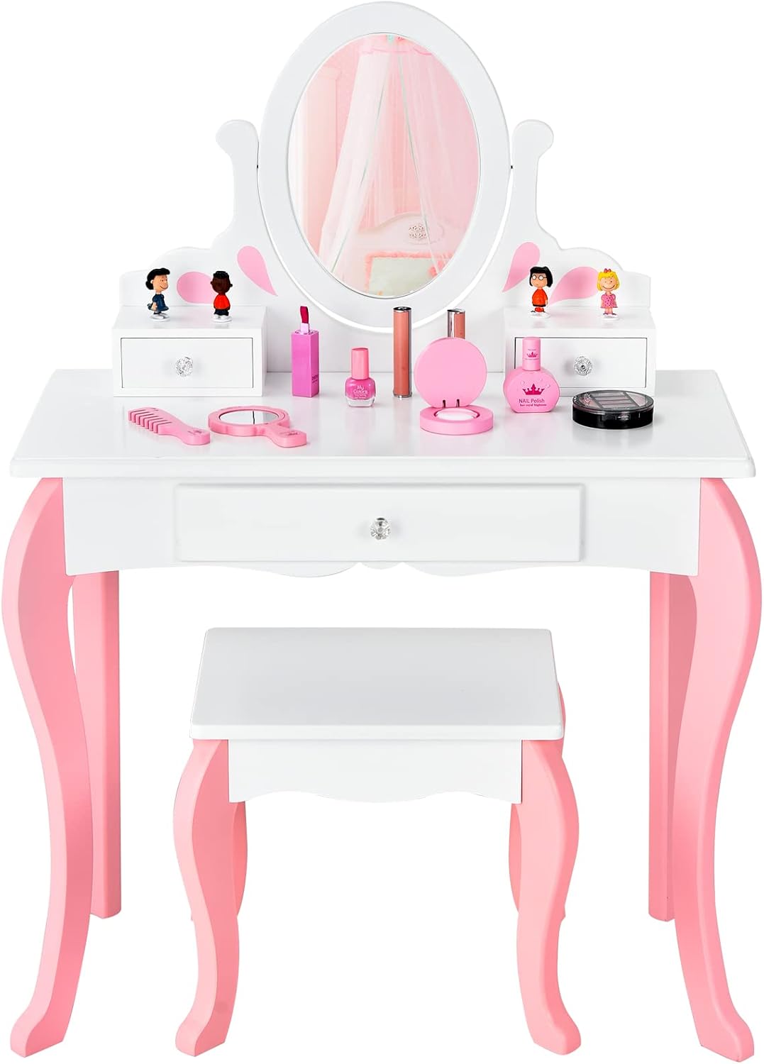 COSTWAY Kids Dressing Table and Stool Set, Girls Vanity Table with 360 ...