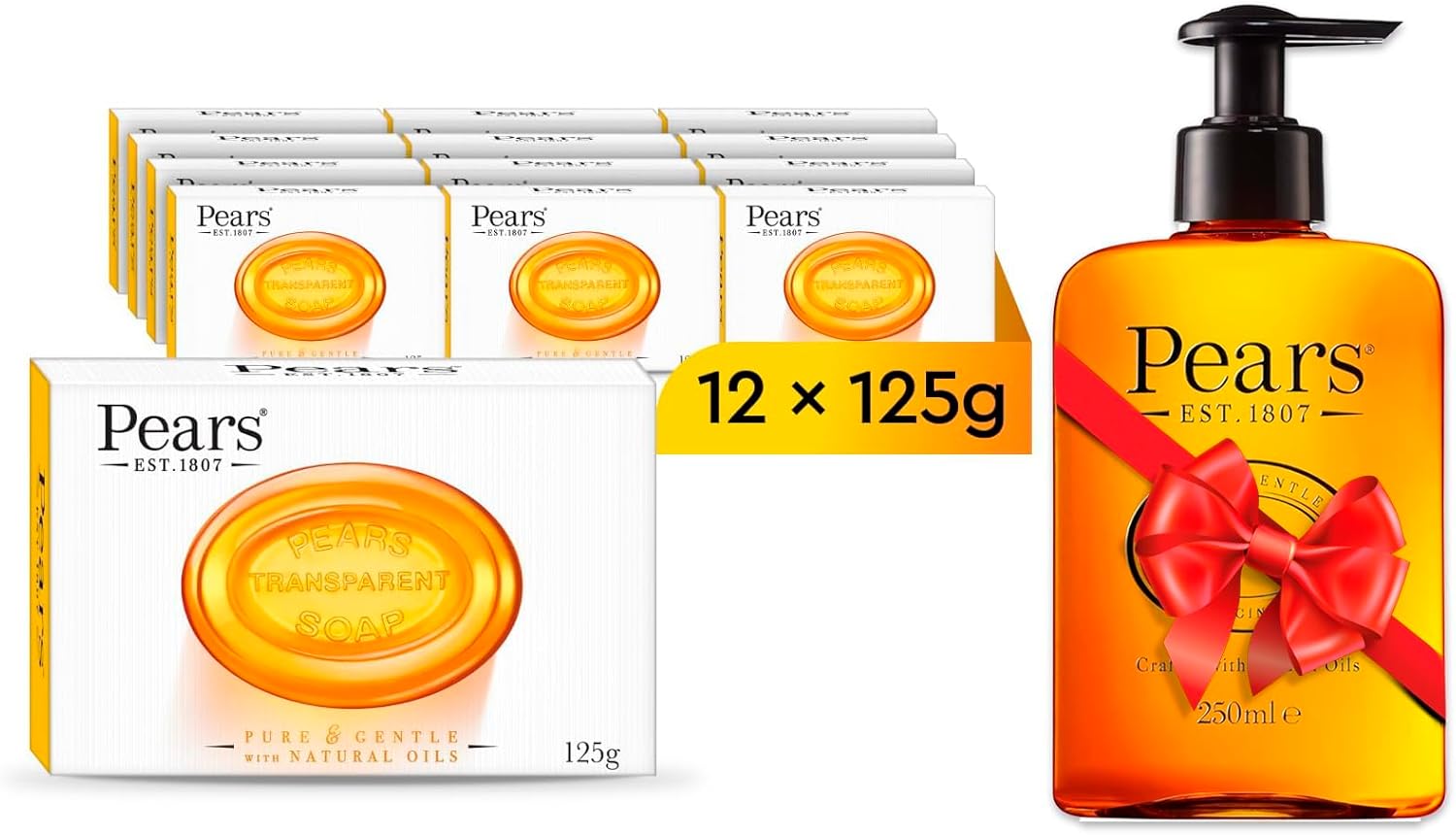 Pears Transparent Amber Soap 125 g Pack of 12 + Pears Hand Wash ...