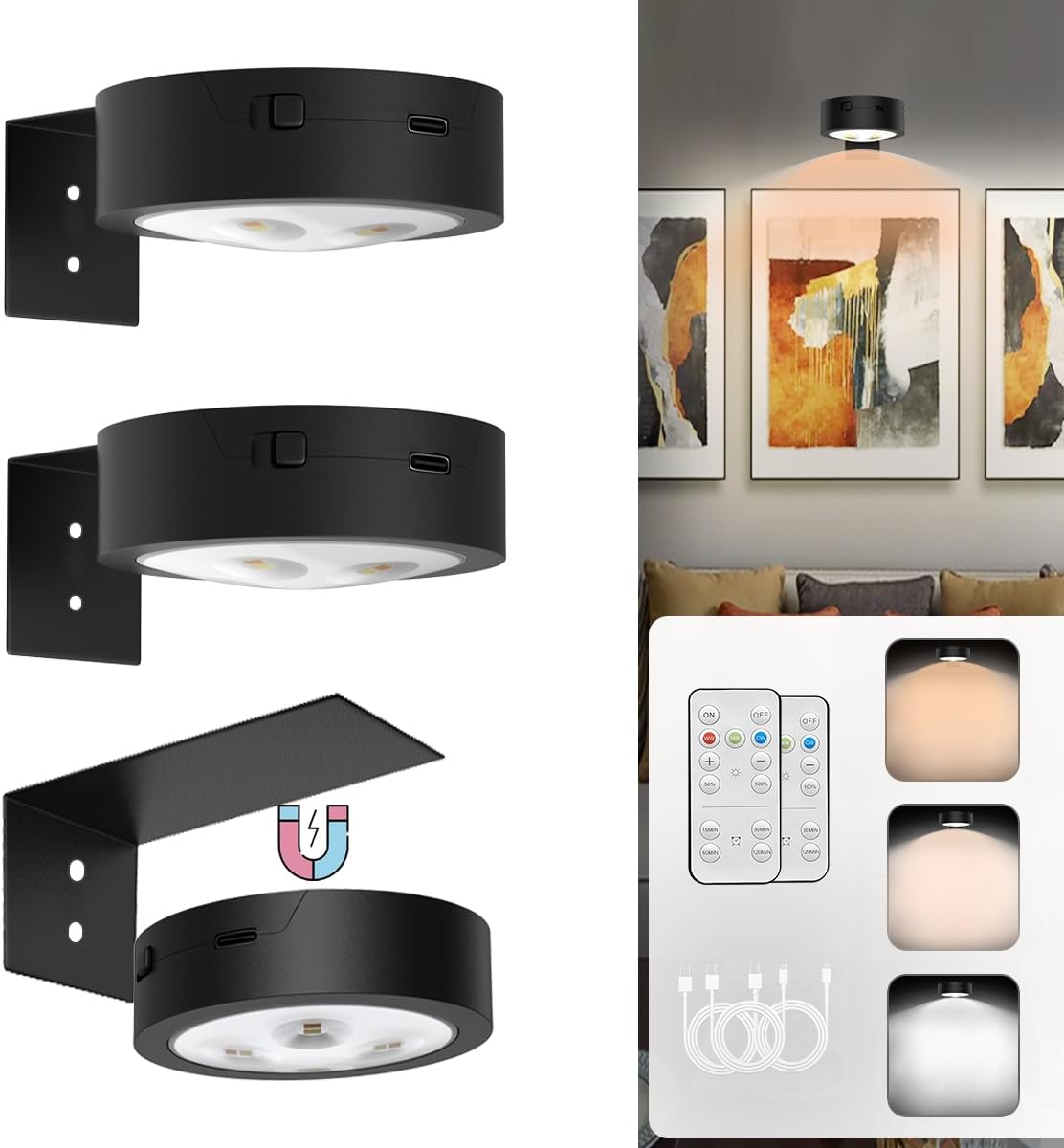 Picture Lights Rechargeable Battery Operated Wall Art Lights,Wireless ...