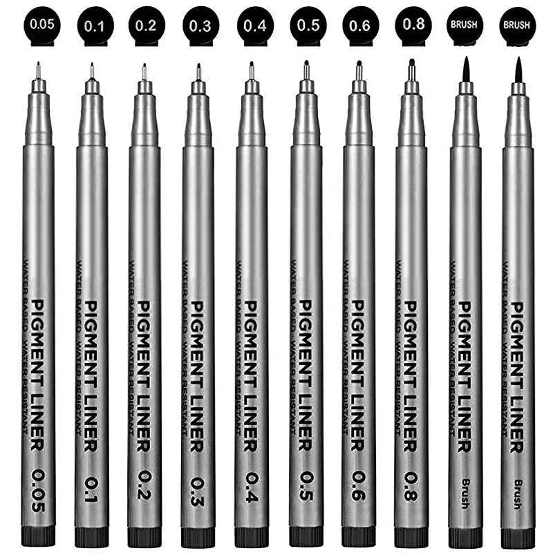 SAYEEC Fineliner Pens with Brush Set 10 Assorted Nib Size Micro Liner ...