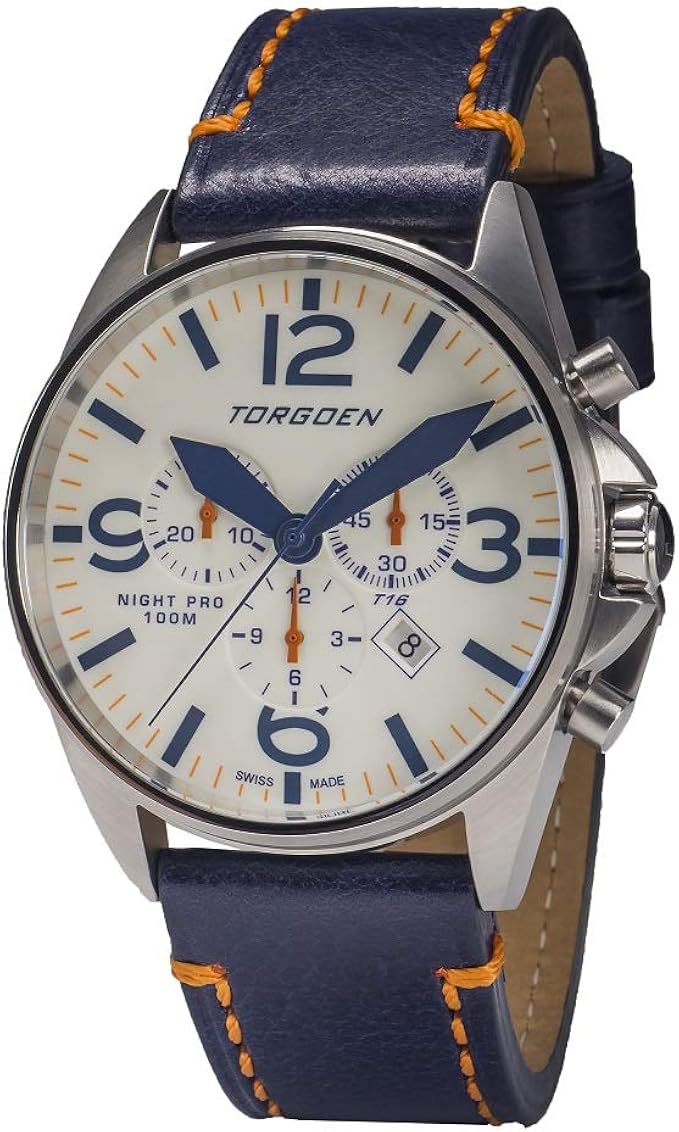 Torgoen T16 Night Pro Pilot Watch | 44mm - Blue Leather Strap : Amazon ...
