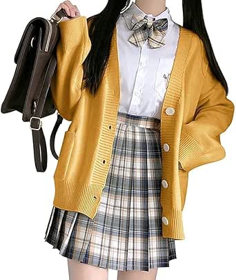 Amazon | [fenglin love] スクールカーディガン 女子高生 JK制服 仮装 セーラー服 Vネック トップス ニット アウター トップス 女子制服 無地 通勤 通学 ...