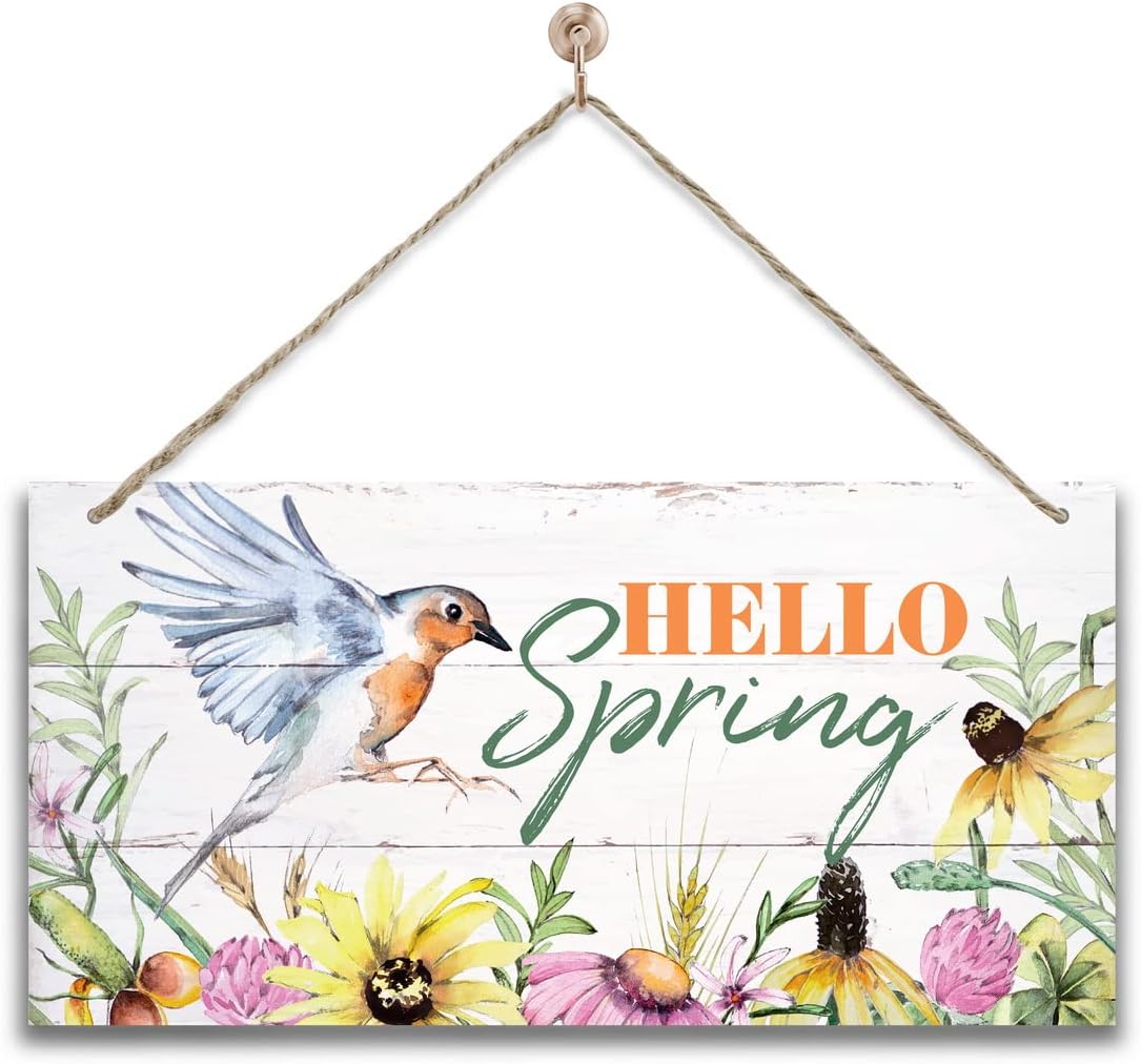 Amazon.com: Hanging Hello Spring Wood Decor Sign, Hello Spring Printed ...