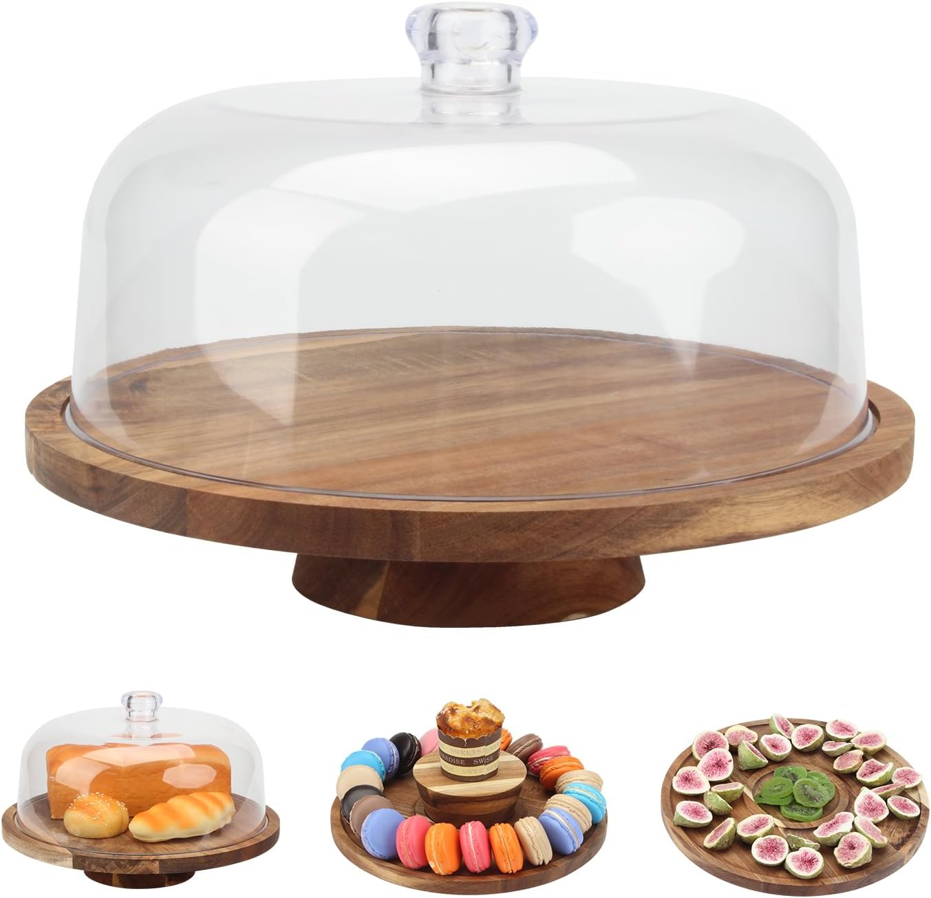 Amazon.com: KVMORZE 12'' Wooden Cake Stand with Dome Cover, Multi ...