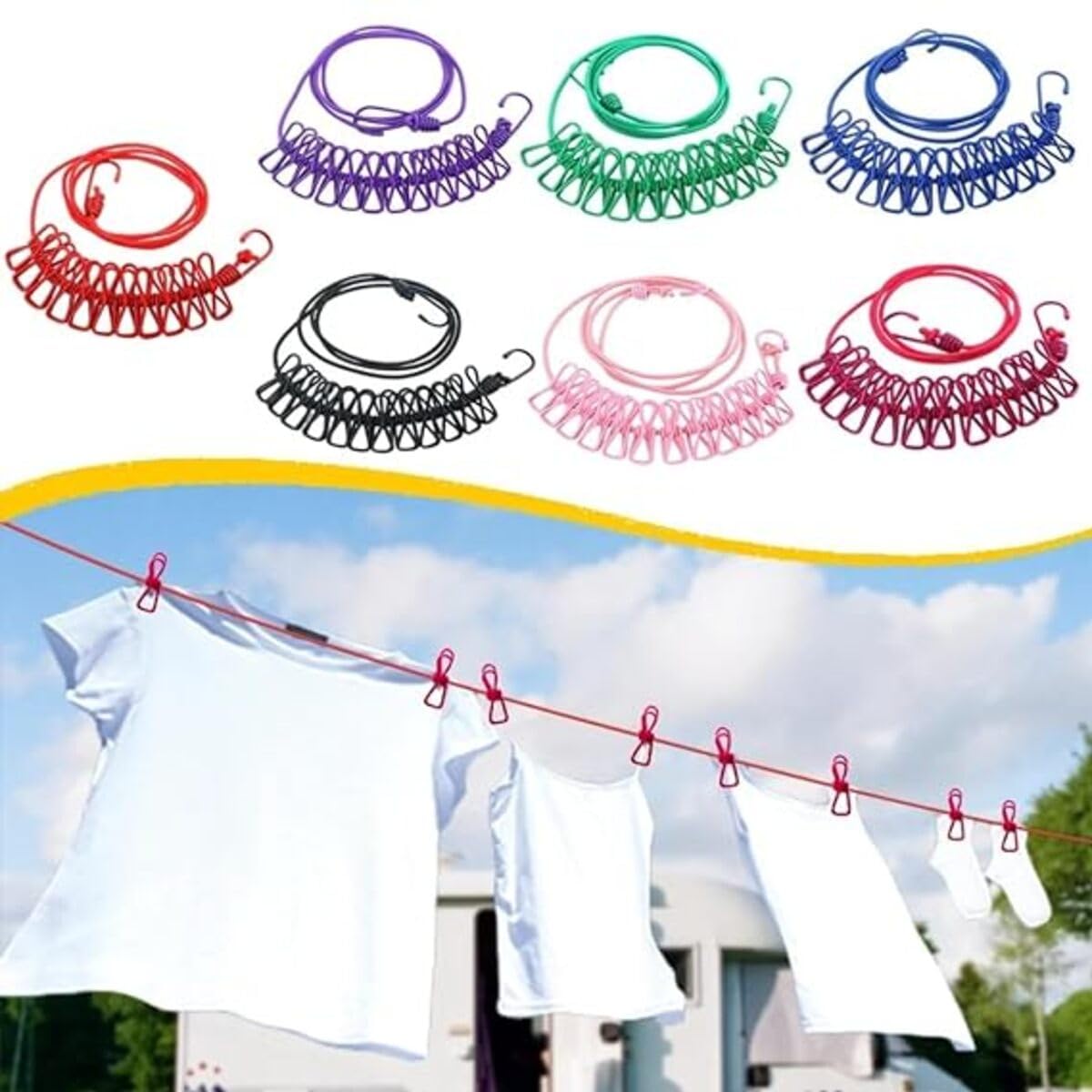 Cloth-Drying Rope with Hooks Adjustable & Elastic Clothes Rope with ...