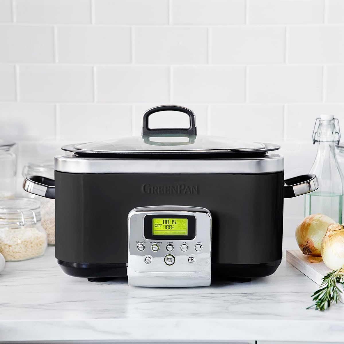 GreenPan Slow Cooker Black, 6L Dishwasher safe pot, Vibrant LCD display ...