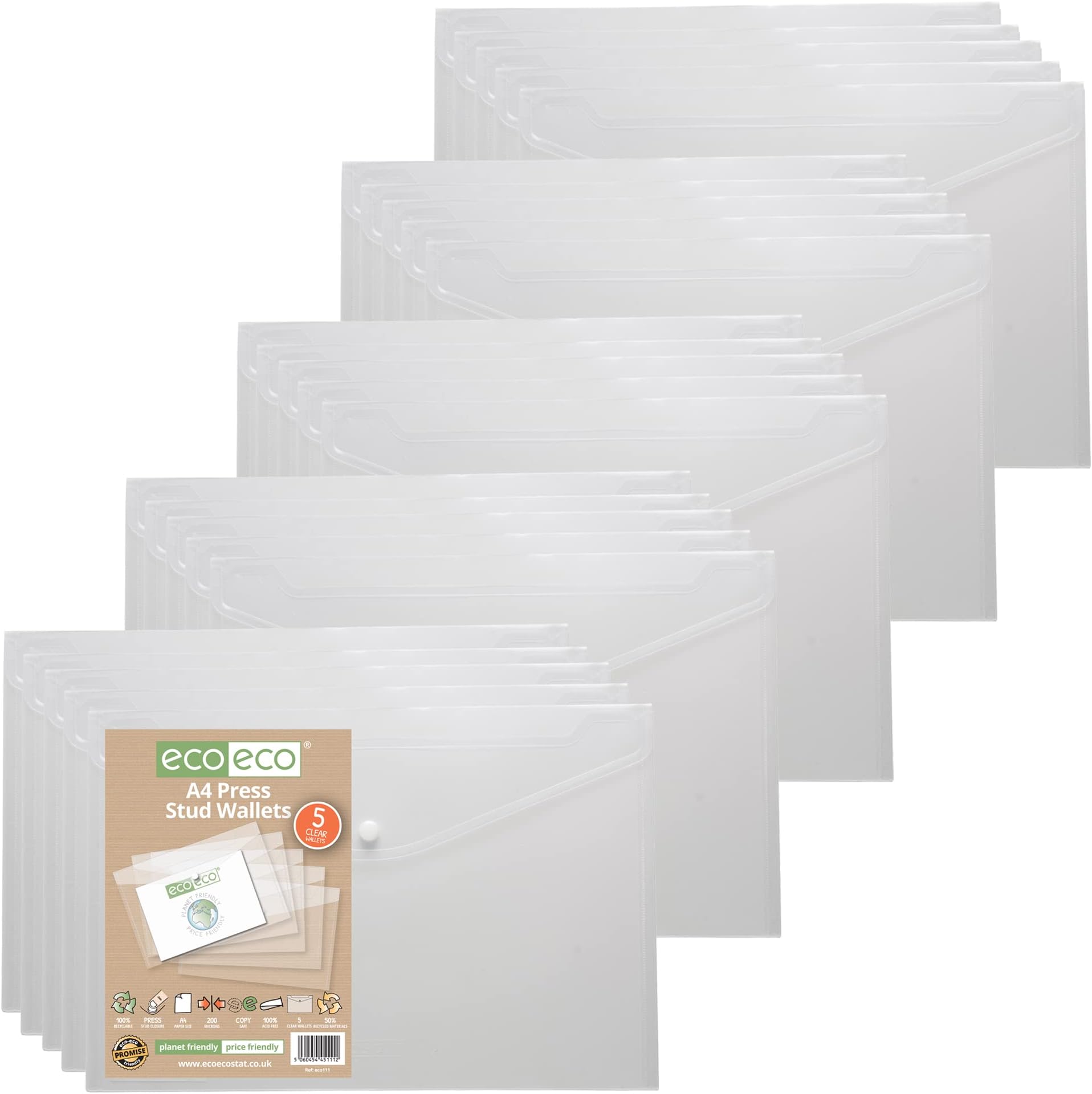 eco-eco A4 50% Recycled Clear Transparent Press Stud Popper Wallet ...