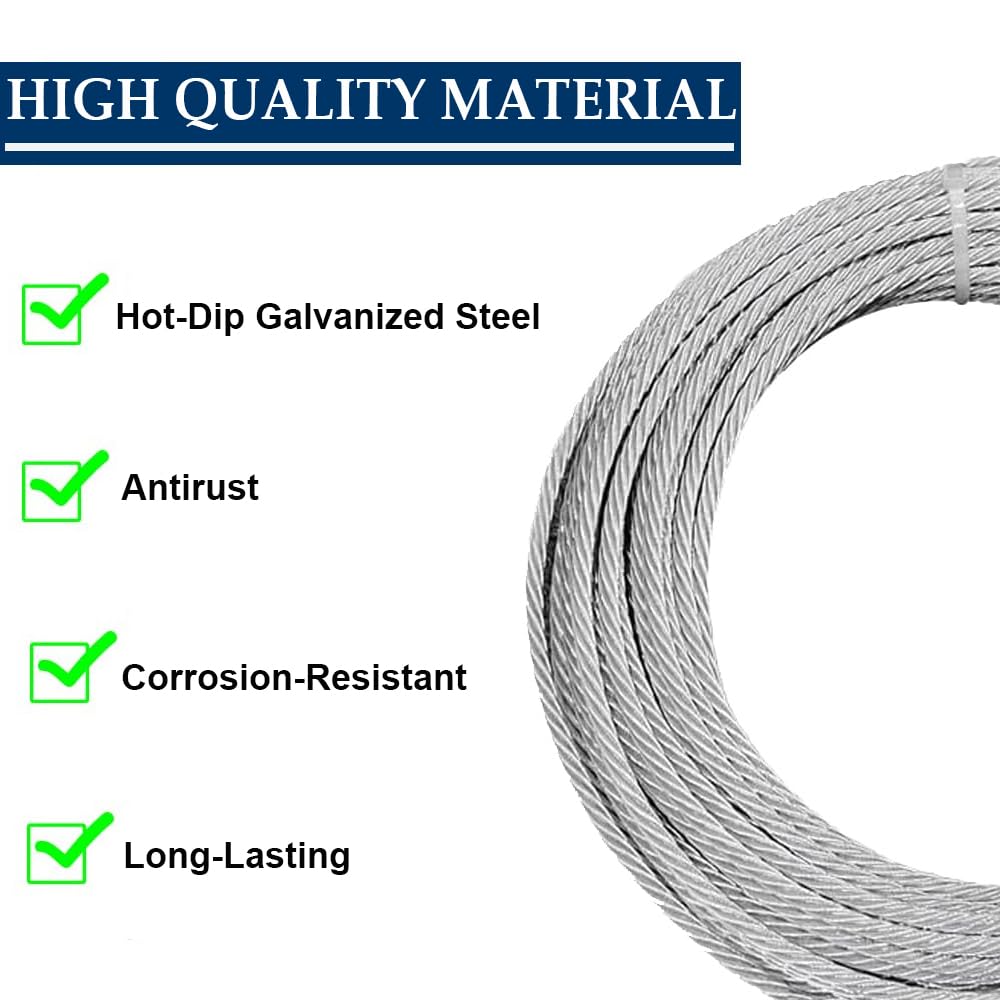 Snapklik.com : Hannger 1/4 Galvanized Steel Cable, 100ft Wire Rope Kit ...