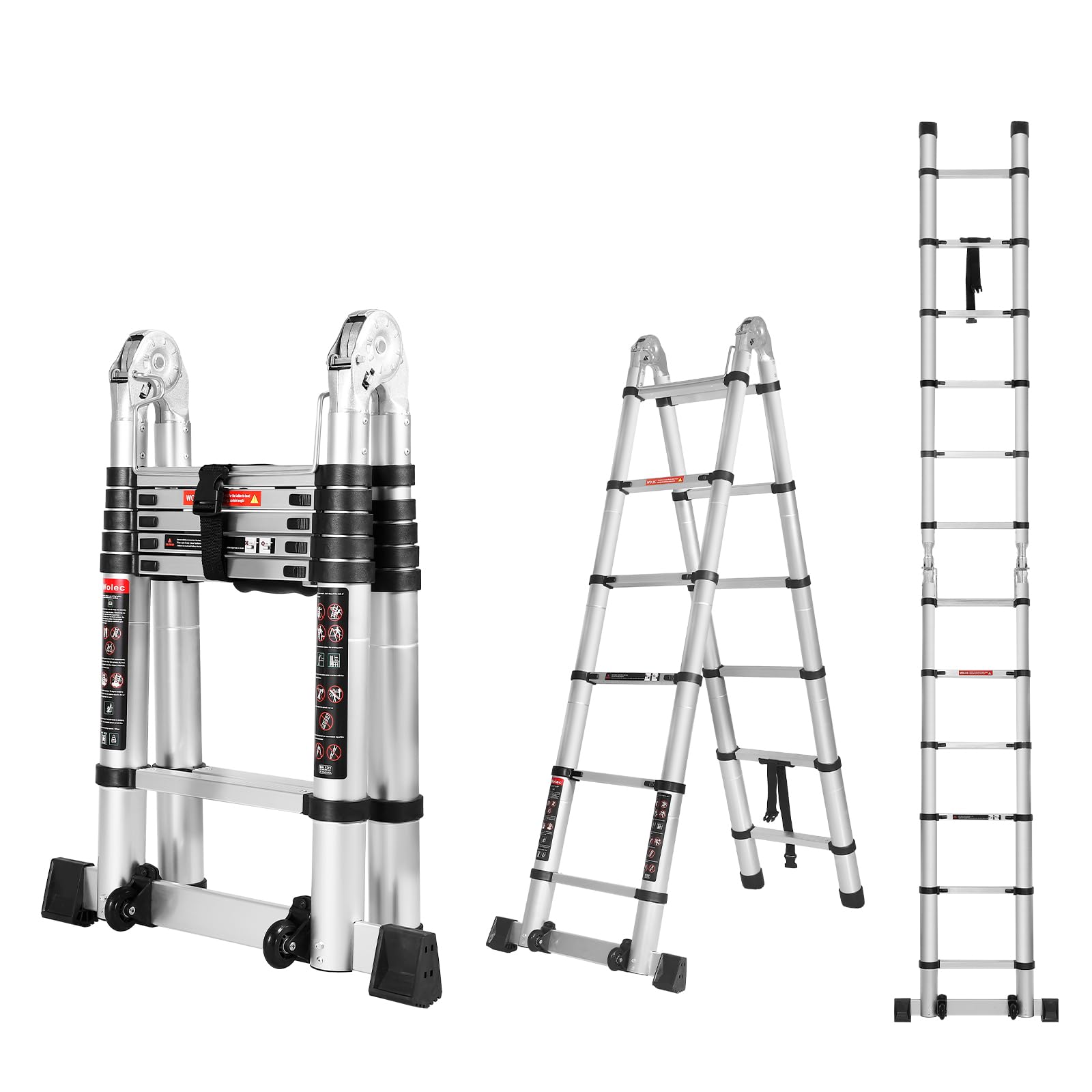 Wolec 12.5FT A Frame Telescoping Ladder, Extension Ladder w/Balance Bar ...