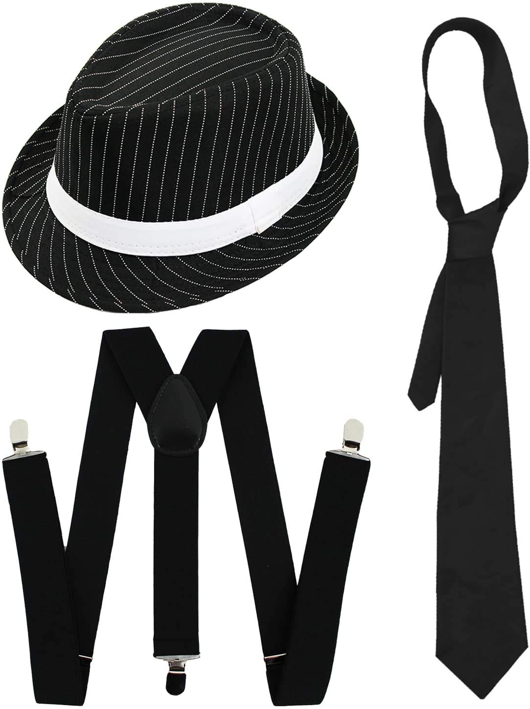 Adults 1920s Gangster Fancy Dress Set Black Pinstripe Trilby Hat ...