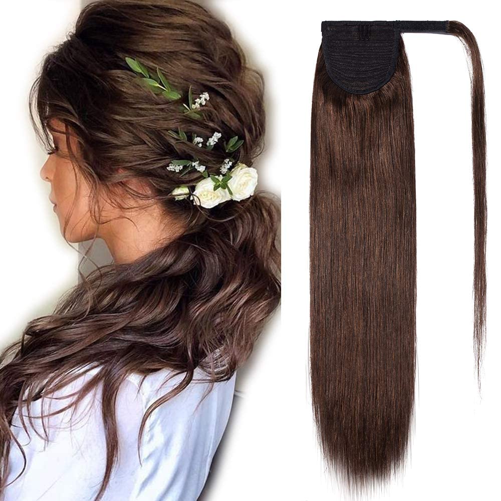 Elailite Human Hair Ponytail Extension Straight - Wrap Around Clip in ...