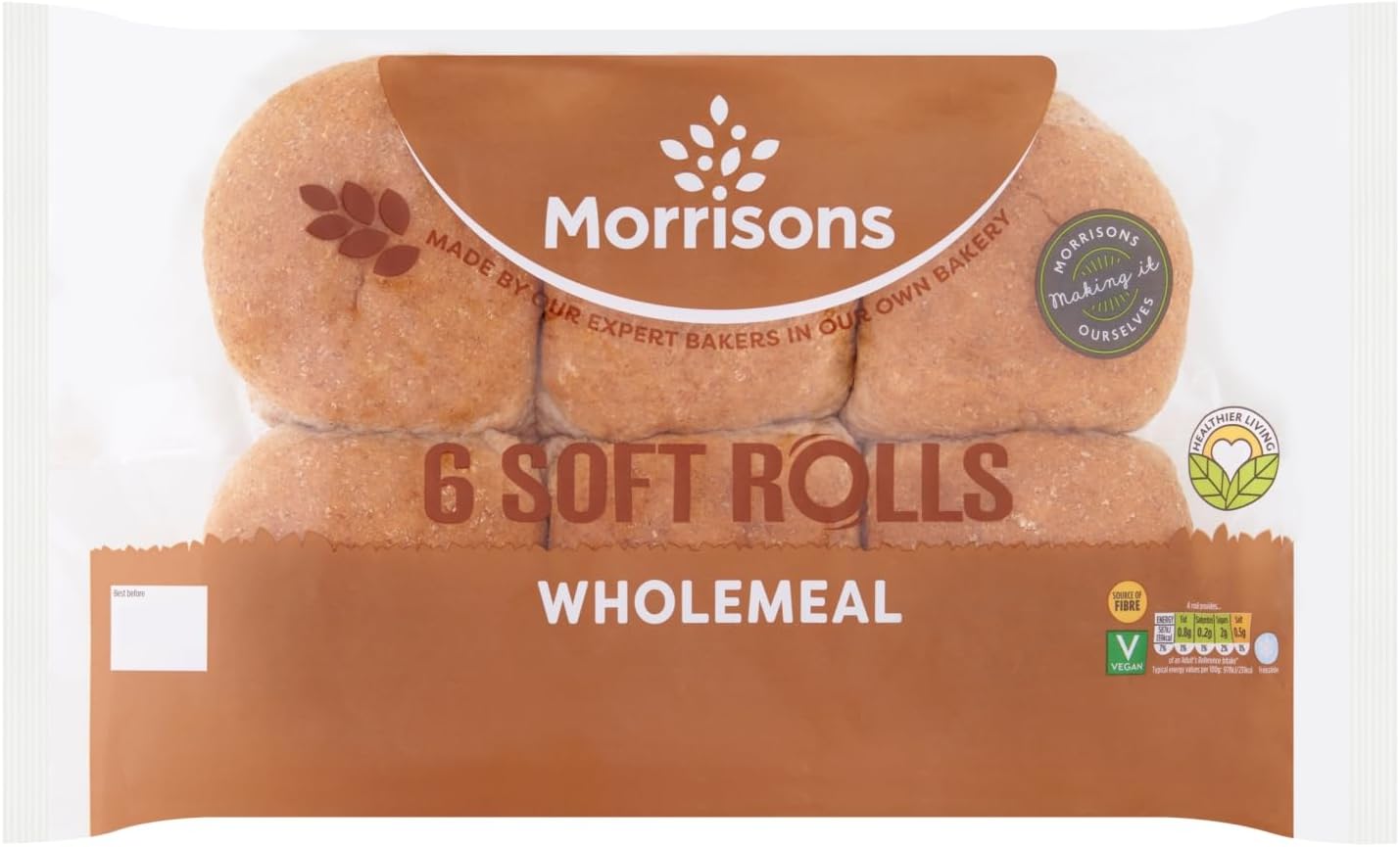 Morrisons Wholemeal Rolls, Pack of 6 : Amazon.co.uk: Grocery