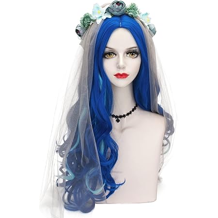 Amazon.com : Uniquebe Corpse Bride Wig with Veil, Flower Crown Long ...