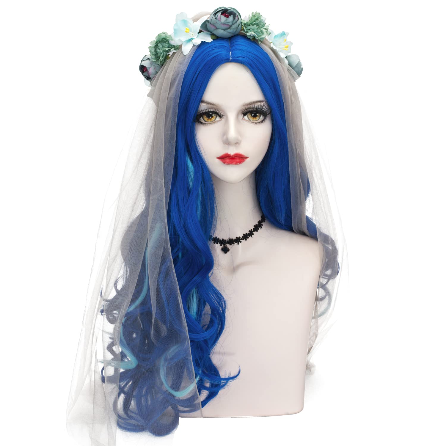 Amazon.com: Corpse Cosplay Bride Costume Wig + Veil + Flower Crown ...