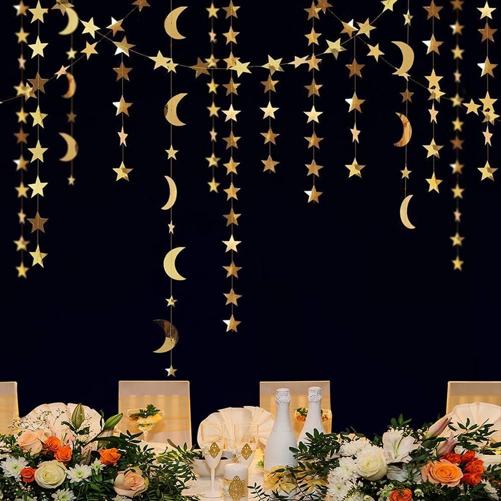 52ft Gold Moon and Star Garland HADEEONG 4Pcs Star Garlands Moon ...
