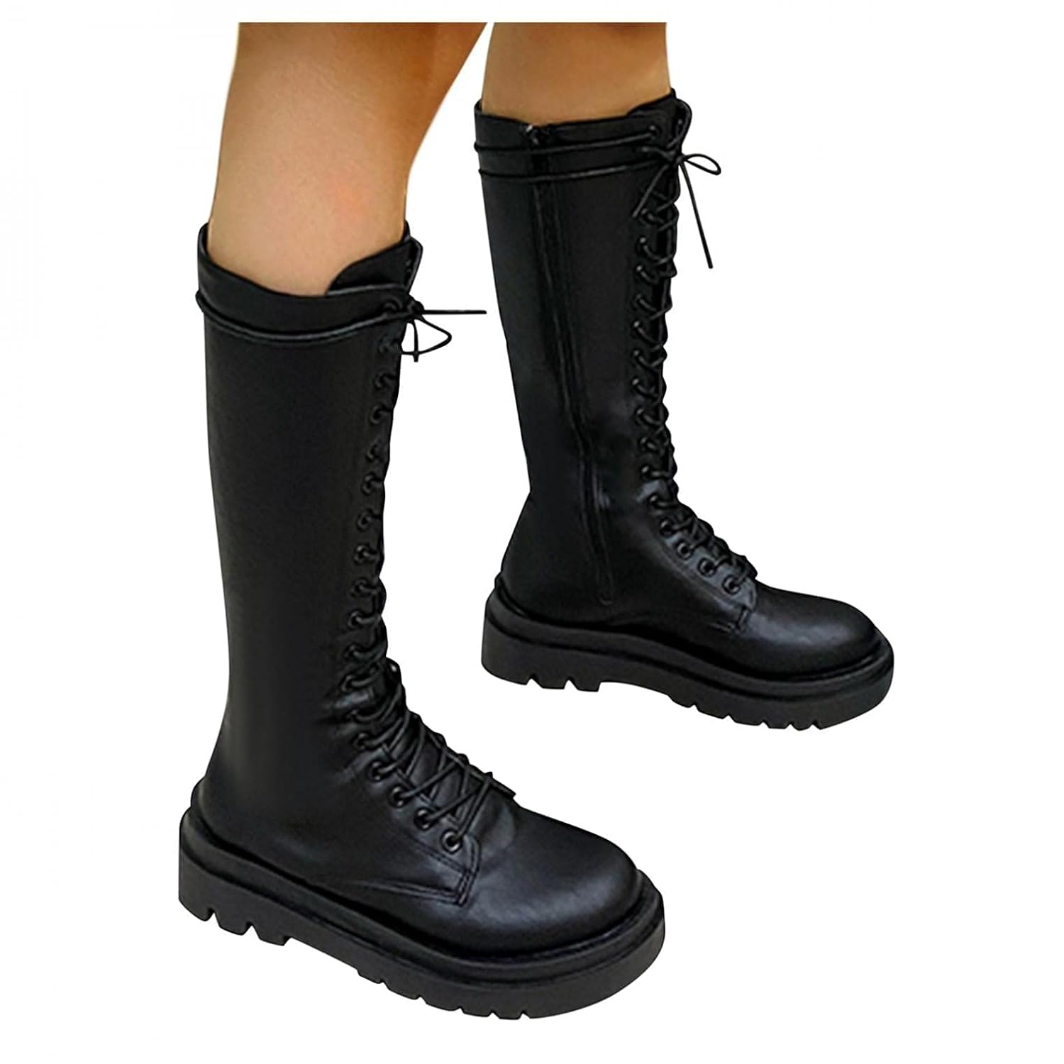 Amazon.com | HINDOLA Women's Knee High Boots Winter Lace up Zipper Mid ...